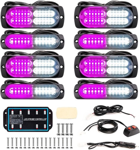 8pcs Purple White LED Strobe Lights Grille Flashing Lamp Kit w ...