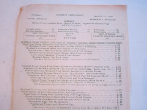 1958 MADER'S RESTAURANT MENU - 8 1/2" X 13 1/2" OPEN MENU - TUB BN-14 ...