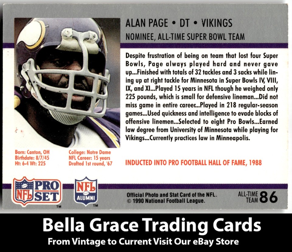 1990-91 Pro Set Super Bowl XXV Silver Anniversary Alan Page #86 Vikings ...