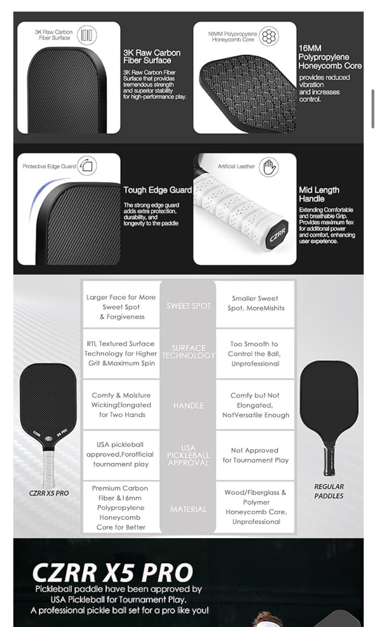 CZRR X5 PRO Pickleball Paddle With Zip Up Cover New USA Pickleball Approved | eBay