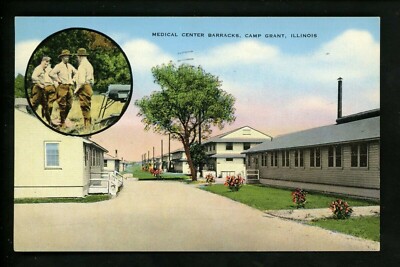 Military Base postcard Medical Barracks Camp Grant, Illinois IL linen ...