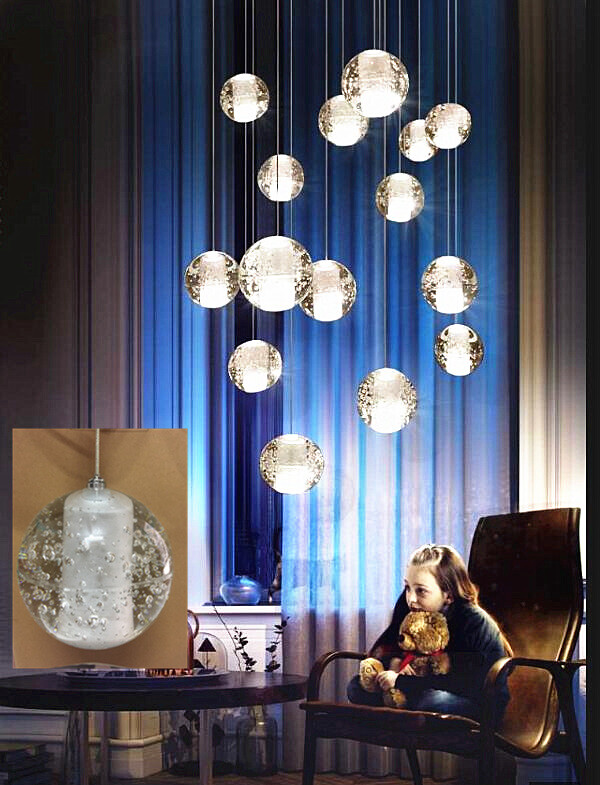 1~49heads G4 LED Bubble Glass Crystal Ball Ceiling Light Stair Pendant ...