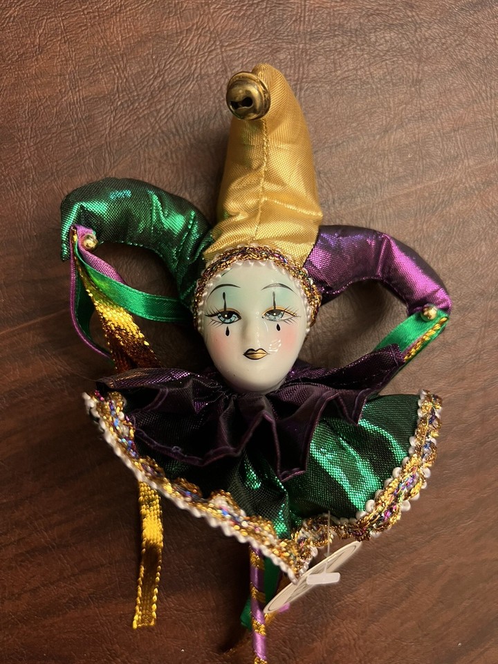 Mardi Gras Porcelain Head Jester Stick Decoration Carnival Gold Purple ...