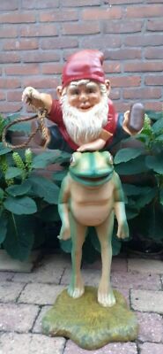 Jumbo Gnome with Lasso Riding Frog Statue Stunning 34 Inch Dwarfy ...