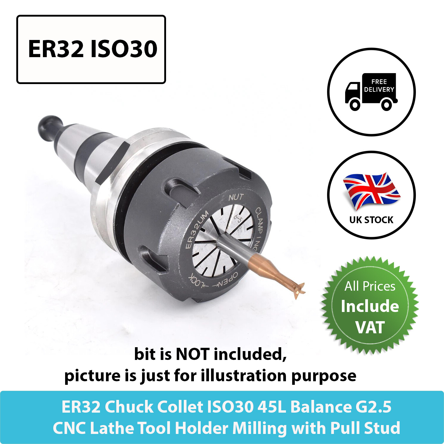 ER32 Chuck Collet ISO30 45L Balance CNC Lathe Tool Holder Milling with ...