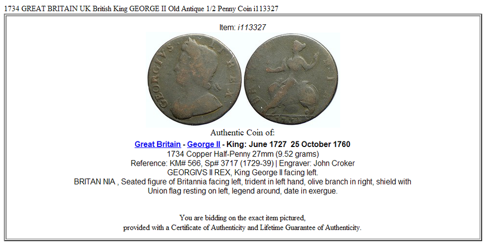 1734 GREAT BRITAIN UK British King GEORGE II Old Antique 1/2 Penny Coin ...