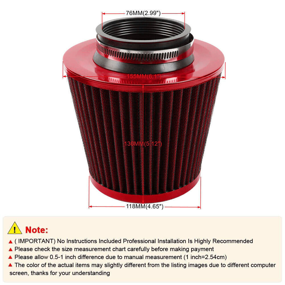 3" Red 76mm Dry Air Filter Inlet Cold Air Intake Cone Replacement ...