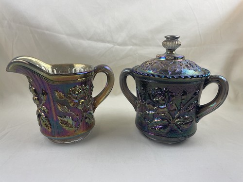Vintage Imperial Carnival Glass Rose Purple Amethyst Creamer And Sugar ...