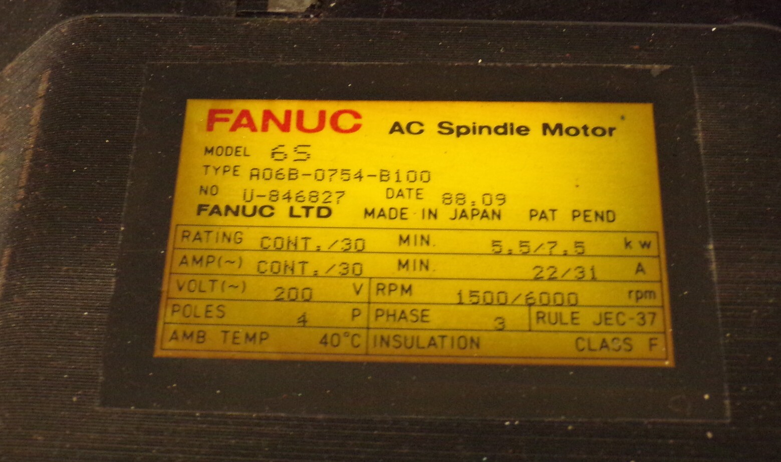 FANUC AC SPINDLE MOTOR, #6S, A06B-0754-B100, 1500/6000 RPM, PHASE 3 ...