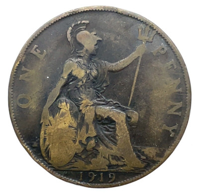 1919 H GREAT BRITAIN- GEORGE V - ONE PENNY BRONZE COIN- KM# 810 Scares ...