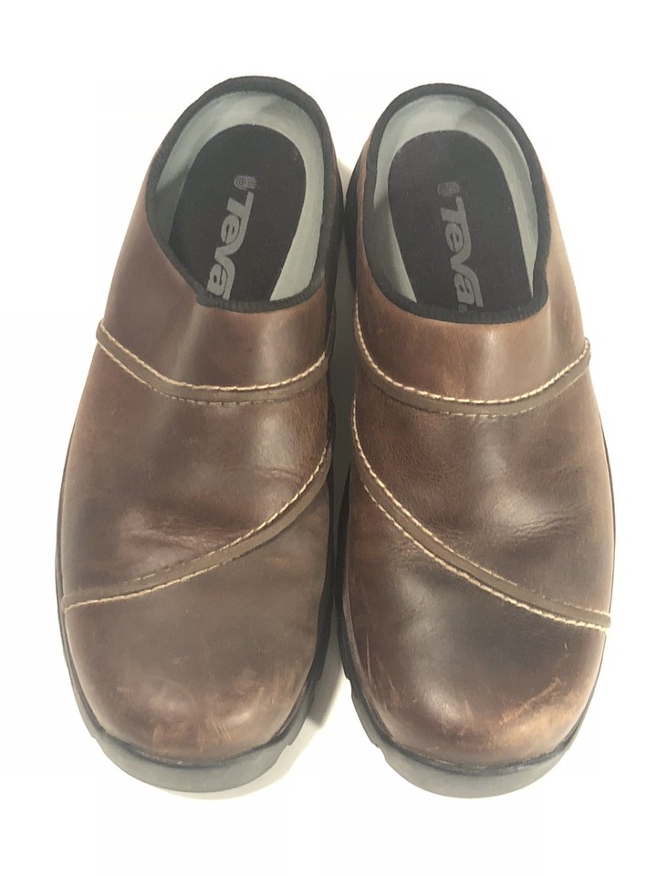 Women’s Teva Brown Leather Shoes 6860 Slip On Mules Slides Loafer Clogs ...