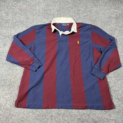 Polo Ralph Lauren Rugby Shirt Mens 2XL Blue Maroon Striped Long Sleeve ...