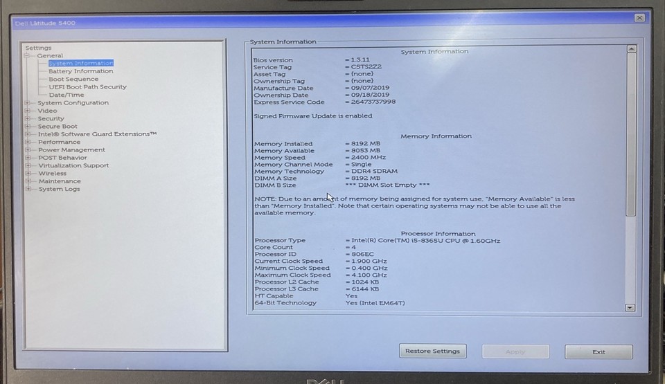 Dell Latitude 5400 Core i5-8365U 1.60GHz no RAM no HDD Boot to BIOS | eBay
