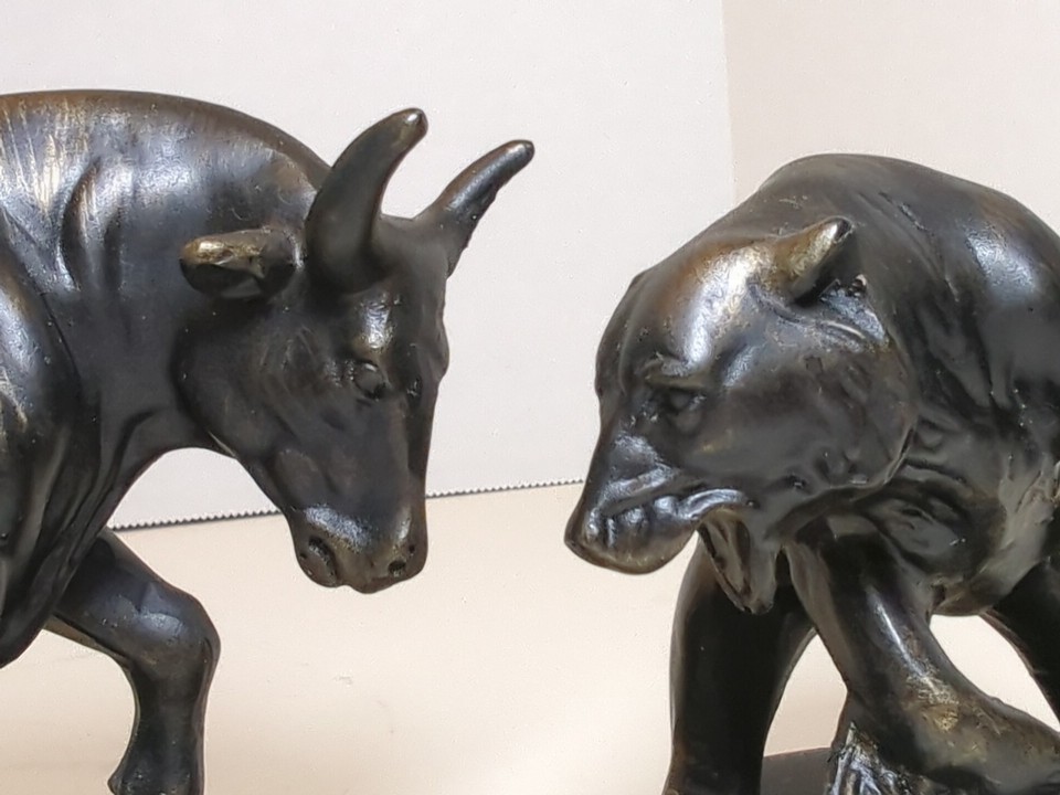 Bull and Bear Statue Antique Bronze Resin Modern Tabletop Stock Market ...