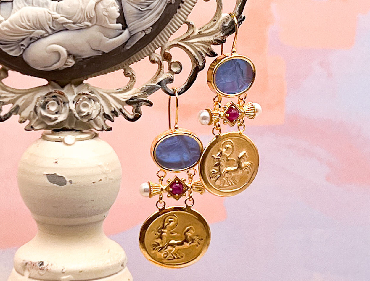 TAGLIAMONTE Designs (SH331-Blue) 18K Venetian Cameo Earrings*Pearls*Reg ...