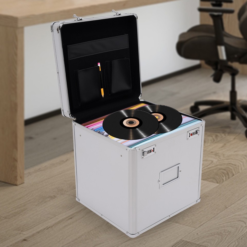 Home Office Tabletop Vinyl Record Storage Box Locking Hold 50 Vinyl ...