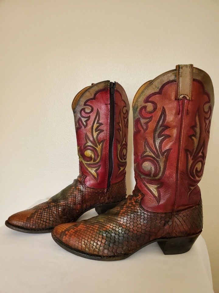 Justin Snake skin custom painted rodeo Western Cowboy boots red blue ...