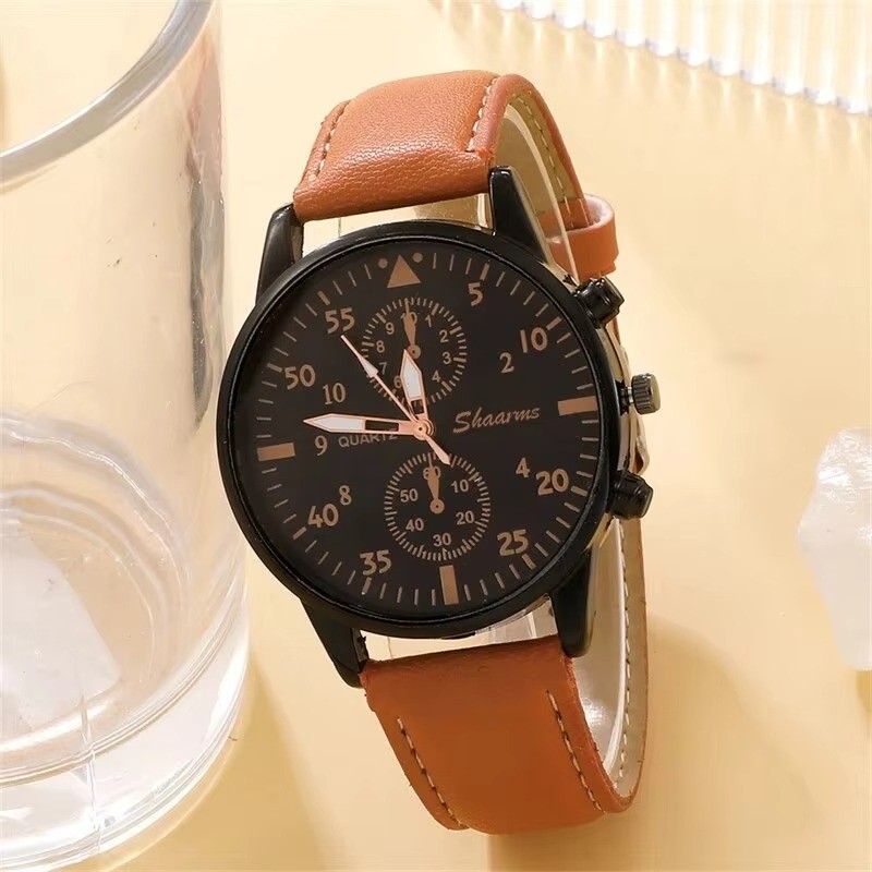 Men Watch Luxury Bracelet Set Fashion Business Brown Leather Quartz ...