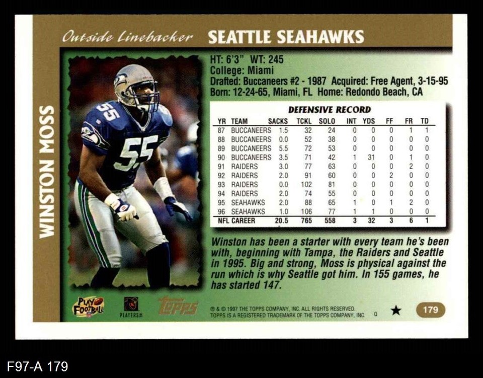 1997 Topps #179 Winston Moss Seahawks Miami(FL) 8 - NM/MT | eBay
