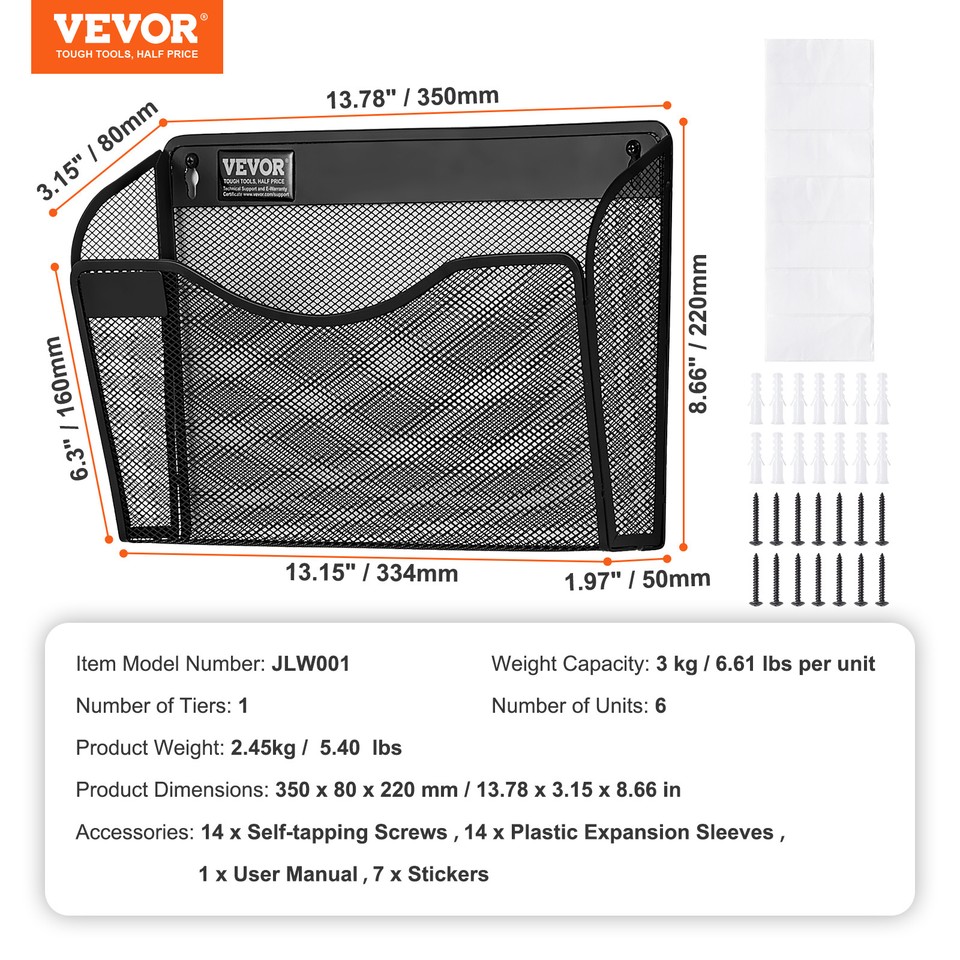 VEVOR File Wall Rack Mesh Wall File Holder 6-Piece 1 Pocket for Office ...