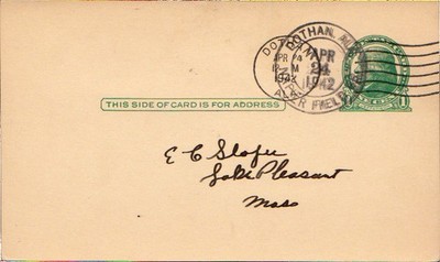 Alabama Napier Field Br. Dothan 1942 double ring Postal card DPO ...