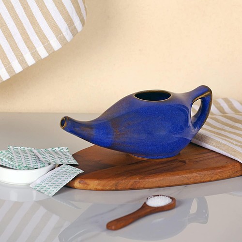 Blue Gradient Ceramic Neti Pot With 2 Nozzle Tips And 5 Sachets Of Neti ...