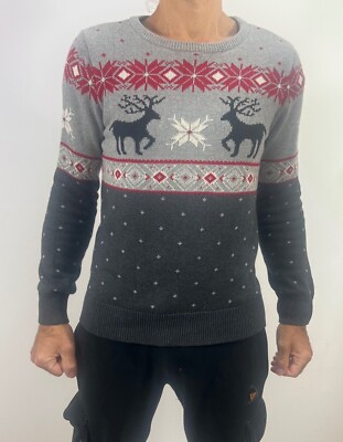 Men's Ex C&A Reindeer 100% Cotton Christmas Crew Neck Jumper.... Size S ...