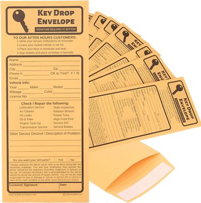 Key Drop Off Envelopes for After Hours – Auto Shop Repair/Service Drop ...