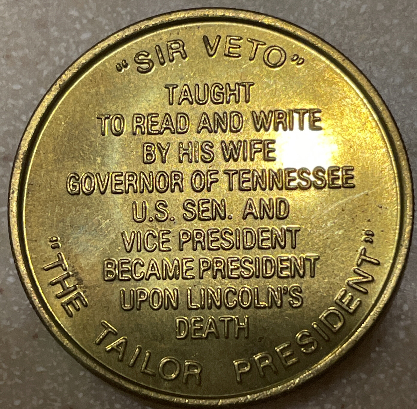 Andrew Johnson 17th President Brass Coin Sir Veto & The Tailor ...
