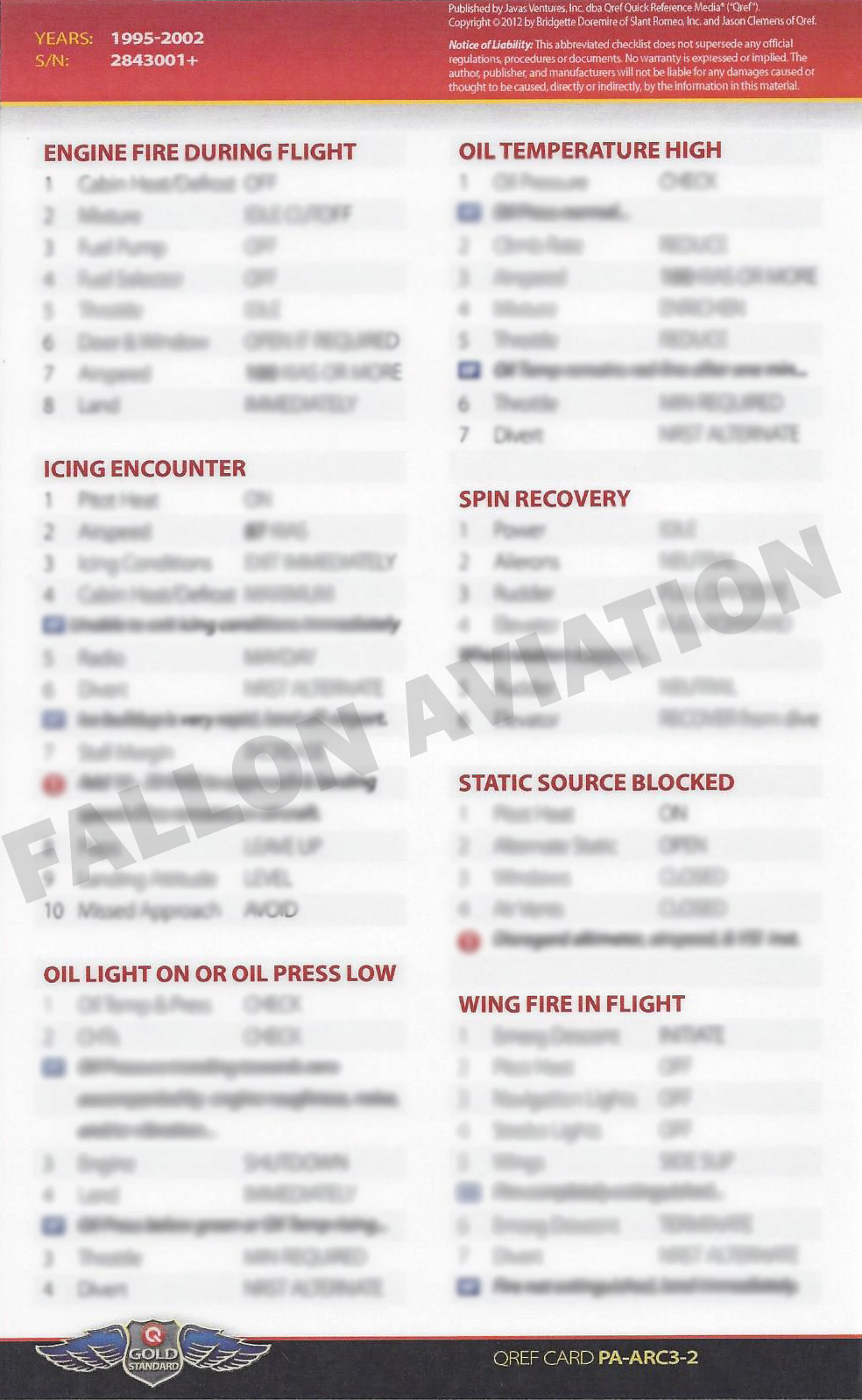 Piper Archer III PA-28-181 Quick Reference Checklist Card by QRef | eBay