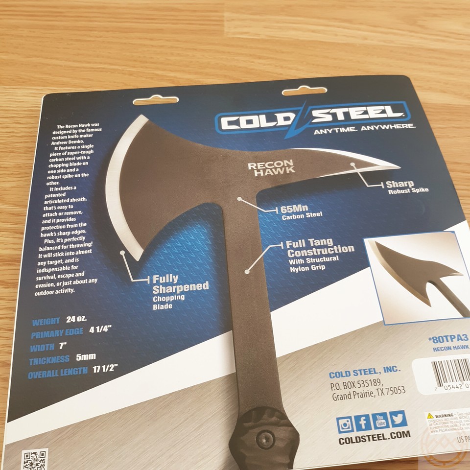 Cold Steel Recon Hawk Axe 7" Black Coated 65Mn Steel Head 4¼" Edge ...