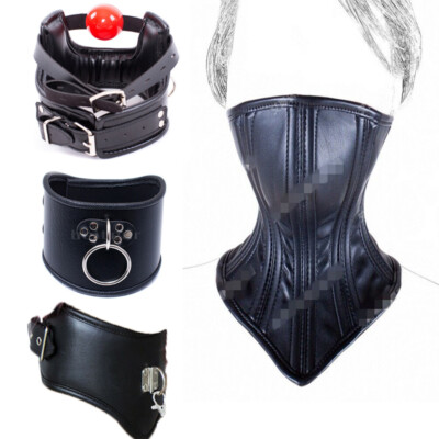 PU Leather Neck Collar Posture Neck Corset Choker Leash Ring Slave ...
