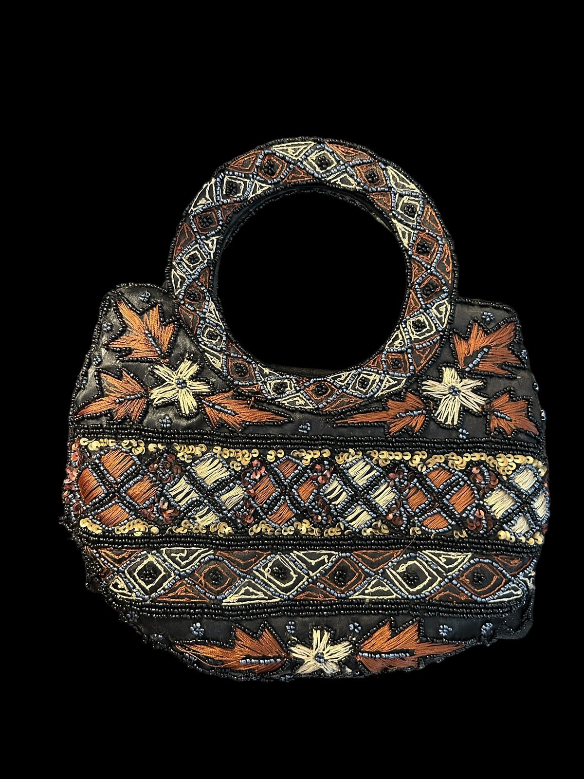 Beautiful Vintage Hand Beaded Satin Black and Brown H… - Gem