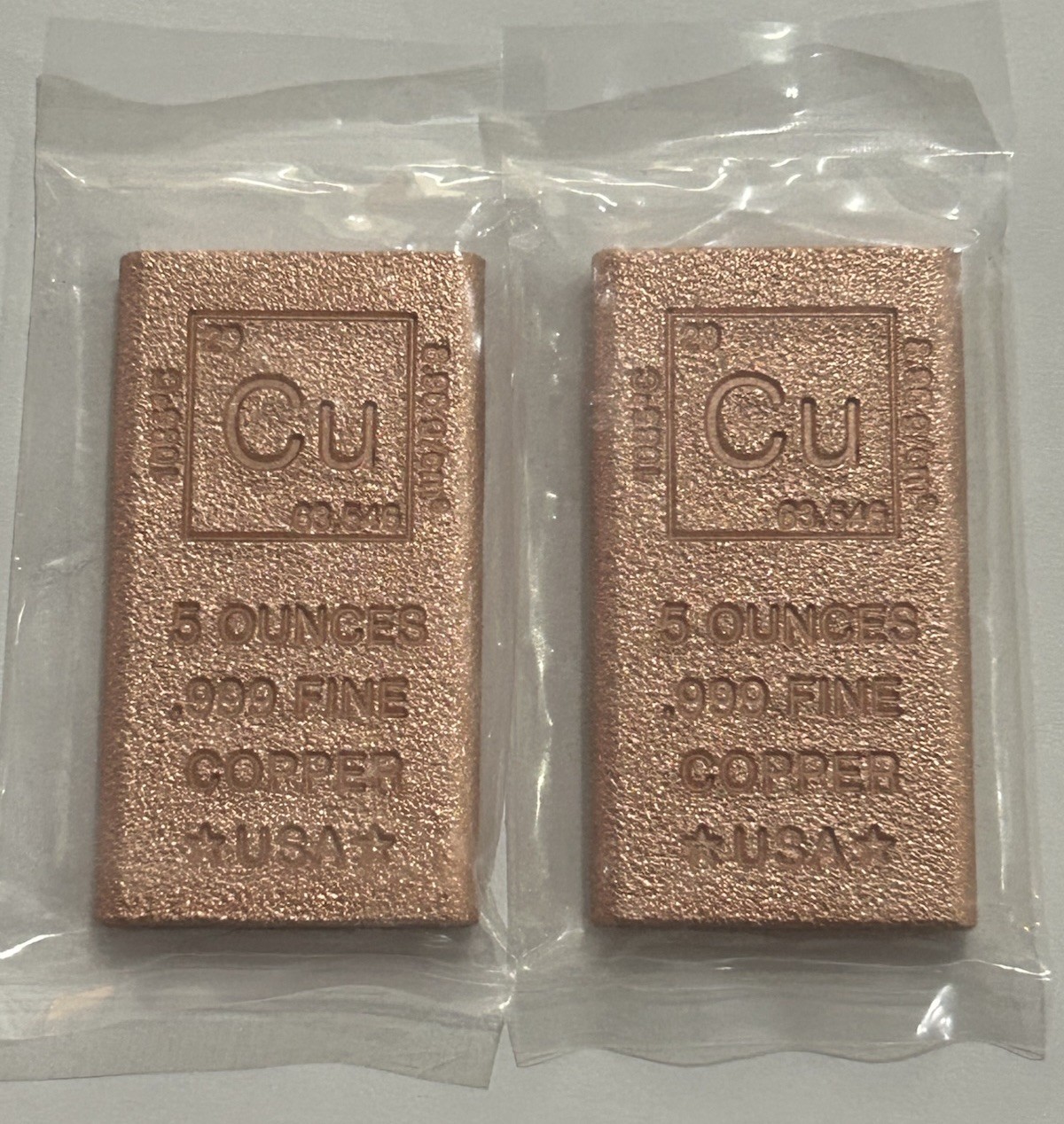 2 Five Ounce .999 Fine Copper Bullion Bar Elemental Stamped 10 Oz Total ...