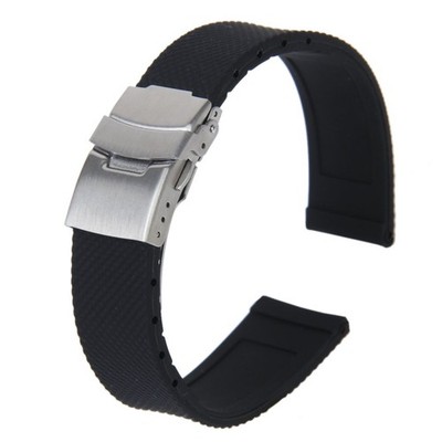 Watch Bands Sport Black Silicone Rubber Watch Strap Deployment Buckle ...