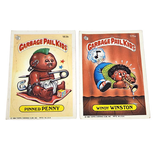 VINTAGE 1980's GARBAGE PAIL KIDS STICKER 183b 175a PINNED PENNY WINDY ...