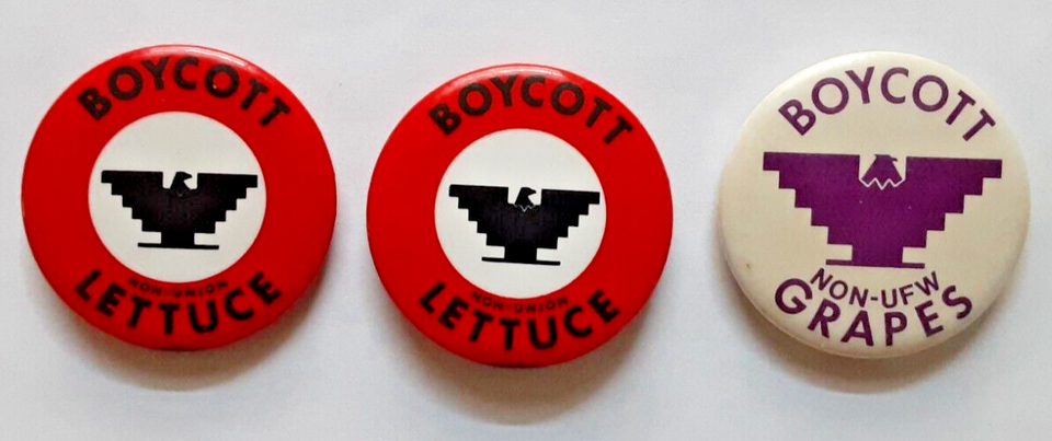UFW UNION BOYCOTT LETTUCE GRAPES PINBACK PIN BUTTON CESAR CHAVEZ ...