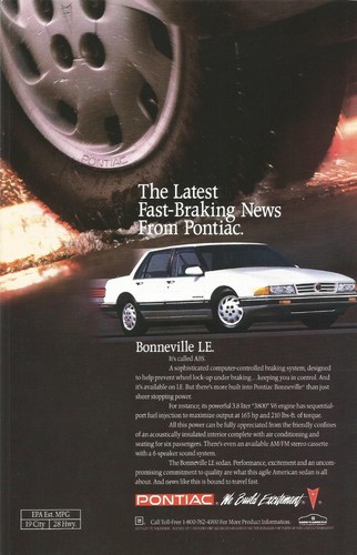 1991 PONTIAC BONNEVILLE LE SEDAN—VINTAGE MAGAZINE ADVERTISEMENT—PRINT ...