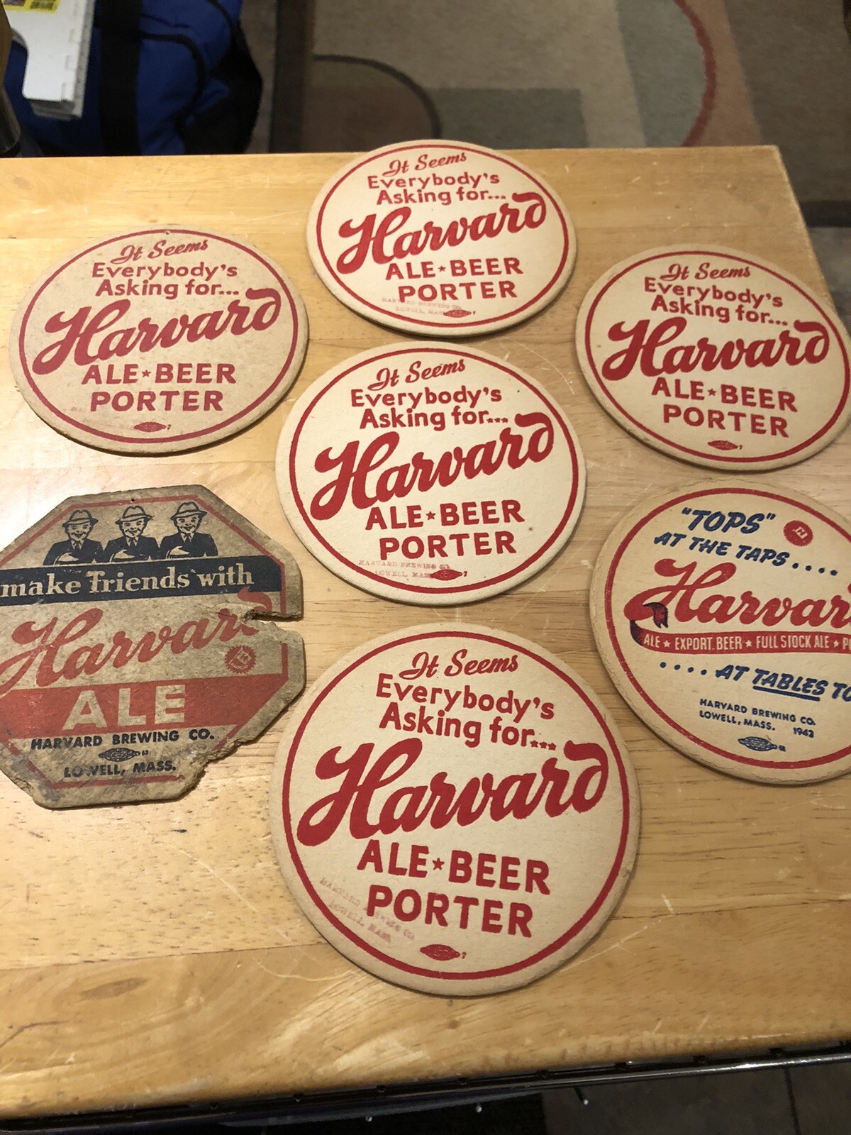 LOT OF (7) VINTAGE HARVARD BEER ALE COASTER COASTERS LOWELL ...
