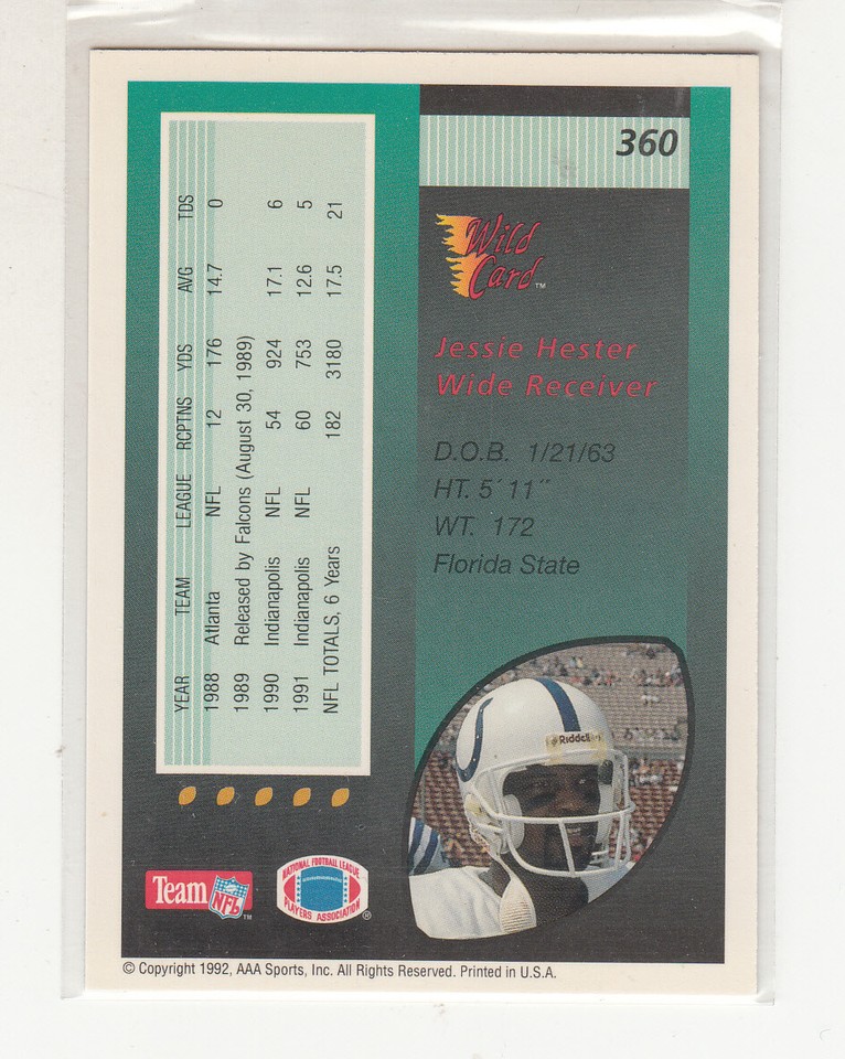 JESSIE HESTER 1992 Wild Card NFL #360 Parallel 10 Stripe Indianapolis ...