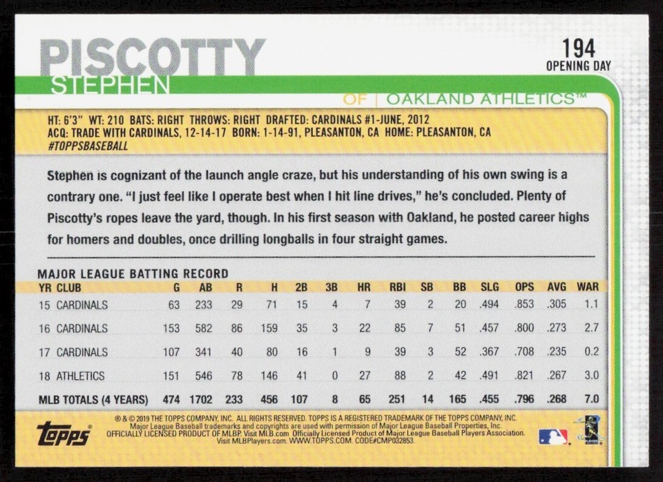 2019 Topps Opening Day Stephen Piscotty Oakland Athletics #194 | eBay