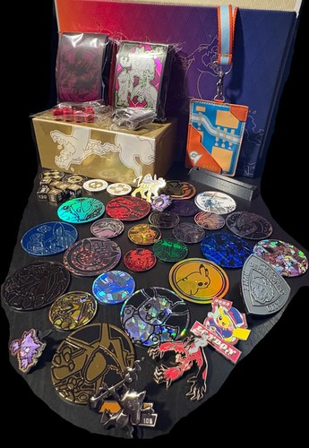 Lot of Tons of Pokémon TCG ETB Card Sleeves, Coins, and Pins Sword ...