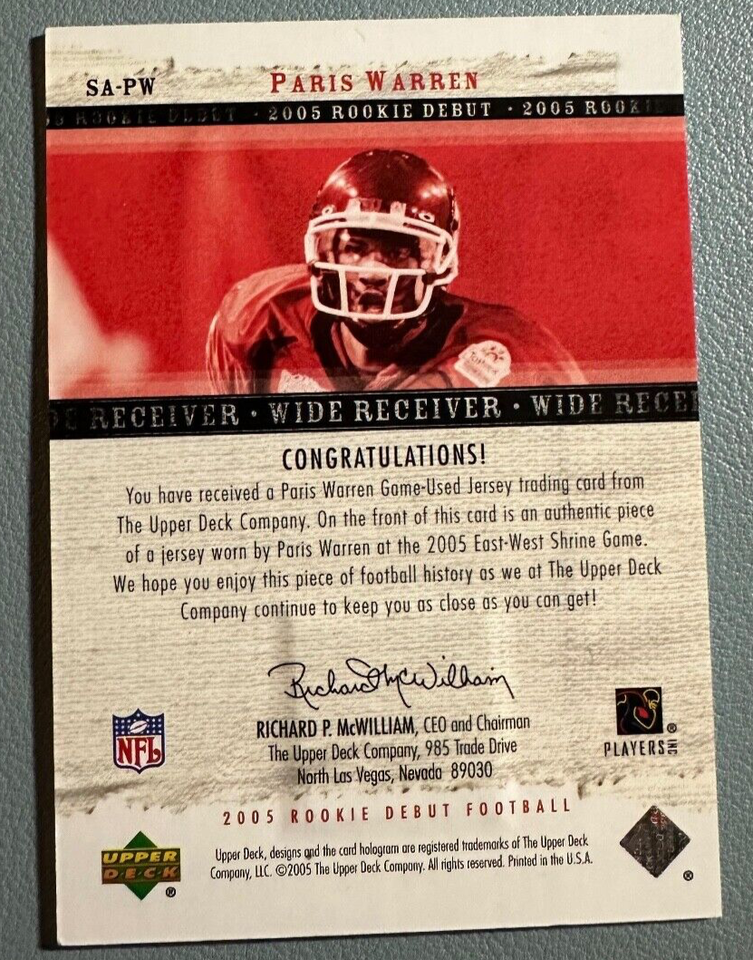 PARIS WARREN 2005 Upper Deck Rookie Debut Saturday Swatches Game-Worn ...