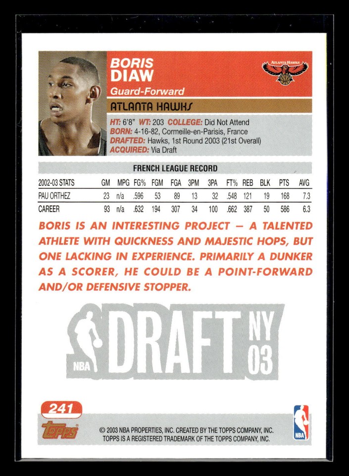 2003 Topps Collection #241 Boris Diaw Rookie Mint+ New | eBay