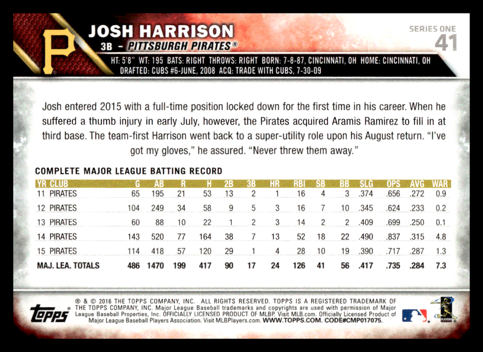 2016 Topps #41 Josh Harrison Pittsburgh Pirates | eBay