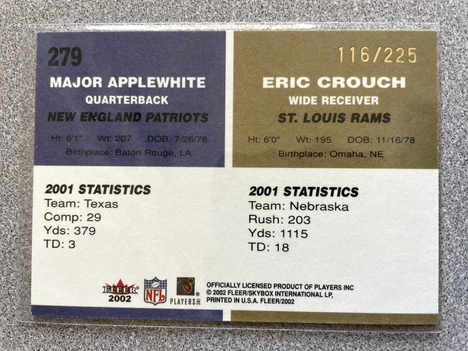 2002 Fleer Tradition Tiffany Eric Crouch & Major Applewhite Rookie Card ...