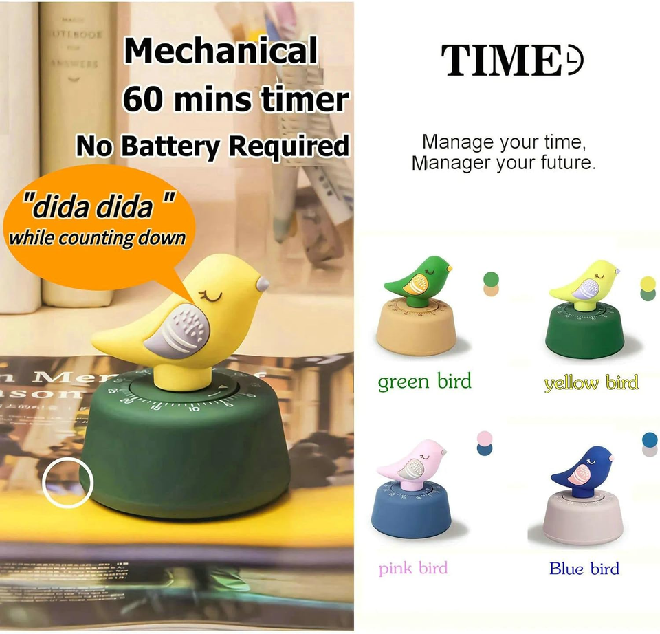 Cute Bird Timer for Kids, Mechanical Kitchen Timer, Wind up 60 Minutes ...