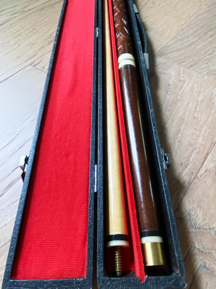 Champion Billiard Pool Cue Stick 2 Piece w/Case Carved Wood Tiki Brass ...
