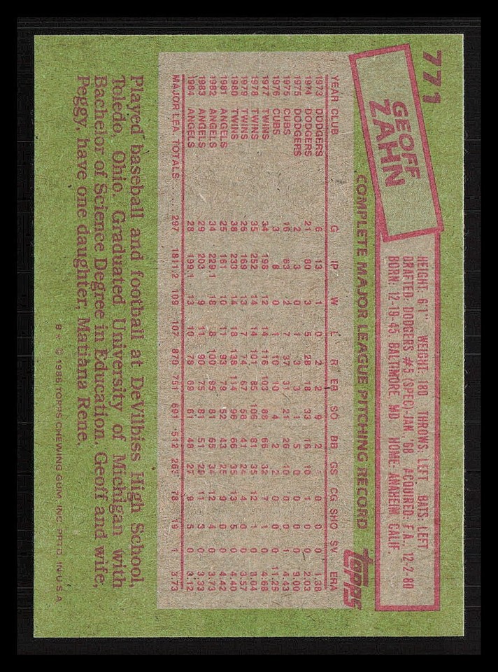 Geoff Zahn 1985 Topps #771 California Angels | eBay