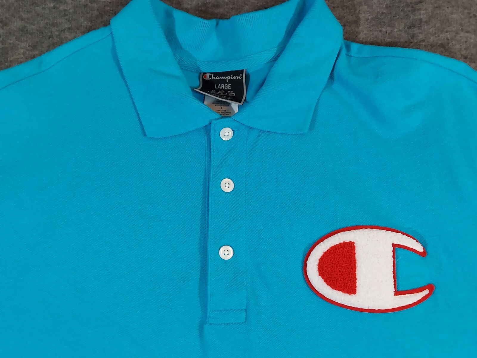 Champion Polo Shirt Mens LARGE Marine Blue Big C Fuzzy Logo Pique ...